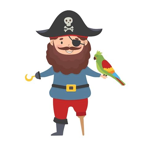 Personaje de capitán pirata sonriente de dibujos animados con un loro