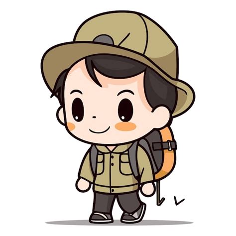 Niño explorador con sombrero y mochila Personaje de dibujos animados