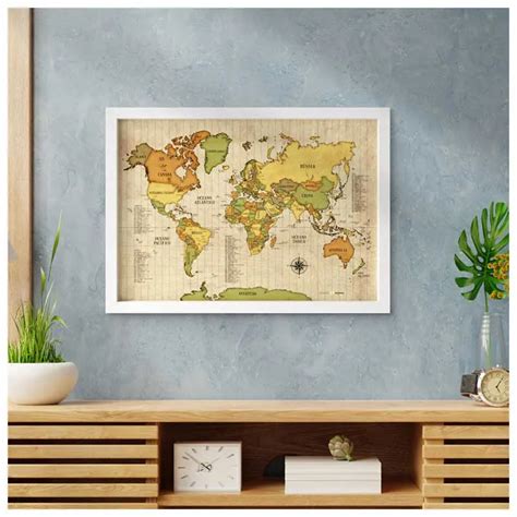 Quadro Mapa Múndi p Marcar Viagens Estilo Vintage Kit c 50 Pins