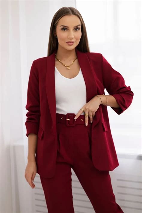 Komplet Elegancki Marynarki Ze Spodniami Bordowy Mazii