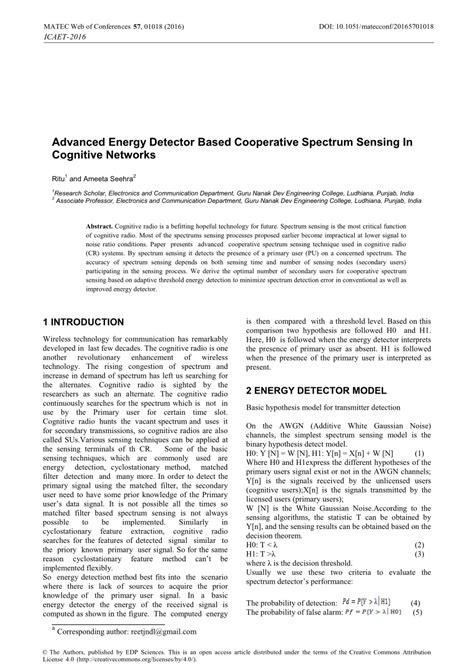 pdf advanced energy detector based cooperative spectrum sensing in cognitive networks