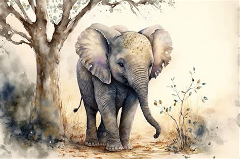 Lindo bebé elefante está caminando en el bosque pintura de acuarela de