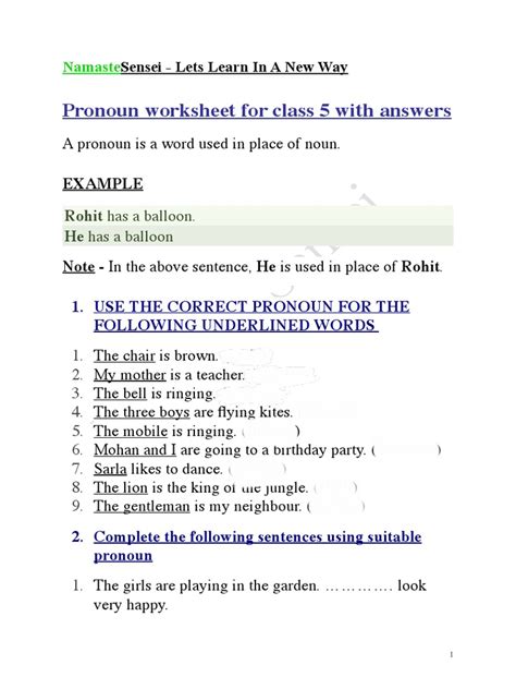 Pronoun Worksheet For Class 5 PDF Worksheets Library