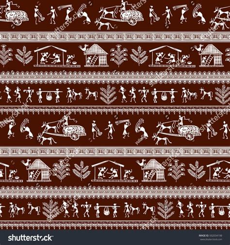 Warli Painting Seamless Pattern Hand Drawn Traditional The Ancient