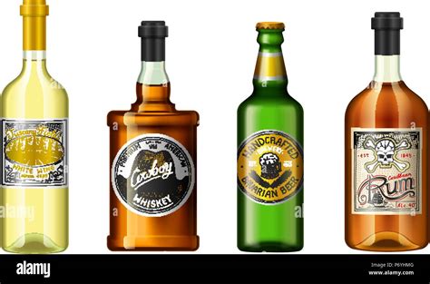 Realistic Alcohol Drinks In A Bottle With Different Vintage Labels