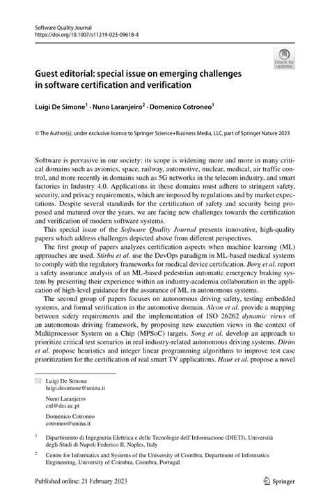 pdf guest editorial special issue on emerging challenges in software certification and