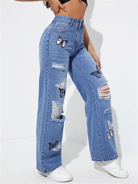 SHEIN Butterfly Print Ripped Straight Leg Jeans SHEIN UK