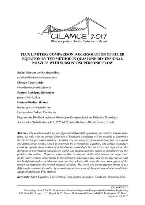 pdf flux limiters comparison for resolution of euler equation by tvd method in quasi one