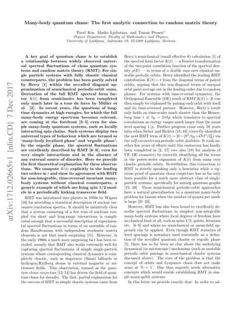pdf many body quantum chaos the first analytic connection to random matrix theory
