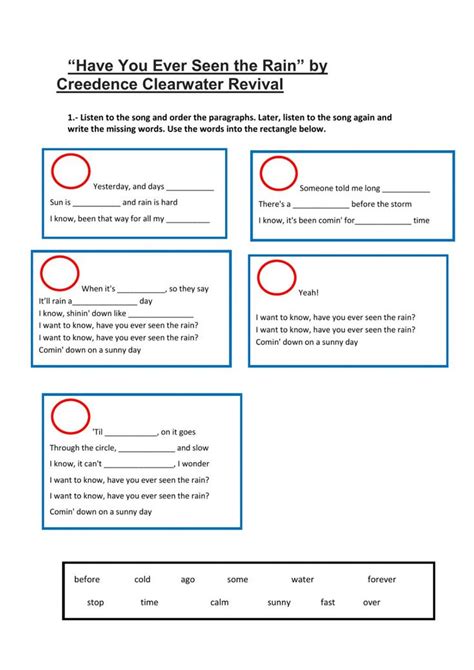 A Worksheet With The Words Have You Ever Seen The Rain By Sentence