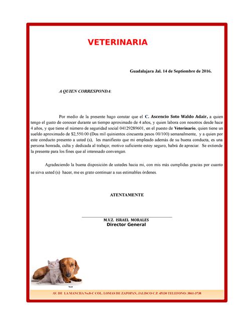 Carta De Trabajo Veterinaria Guadalajara Jal De Septiembre De
