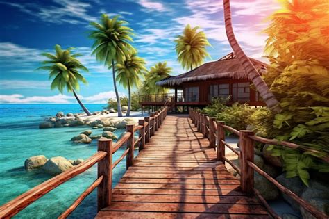 Una Pintura De Una Casa En La Playa Con Palmeras Al Fondo Foto Premium