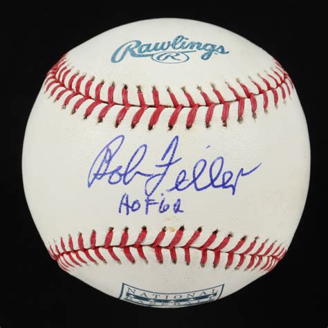 Bob Feller Signed OML Hall Of Fame Logo Baseball Inscrubed HOF 62