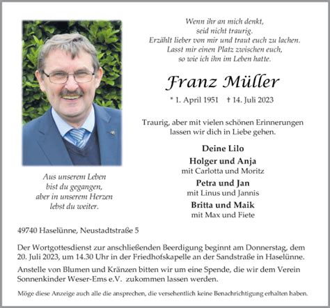 Traueranzeigen von Franz Müller noz Trauerportal