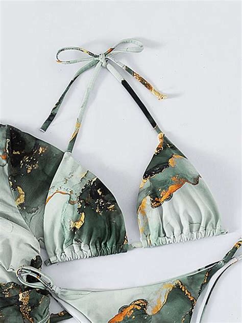 SHEIN Swim Vcay Marble Print Bikini Set Halter Triangle Bra Thong