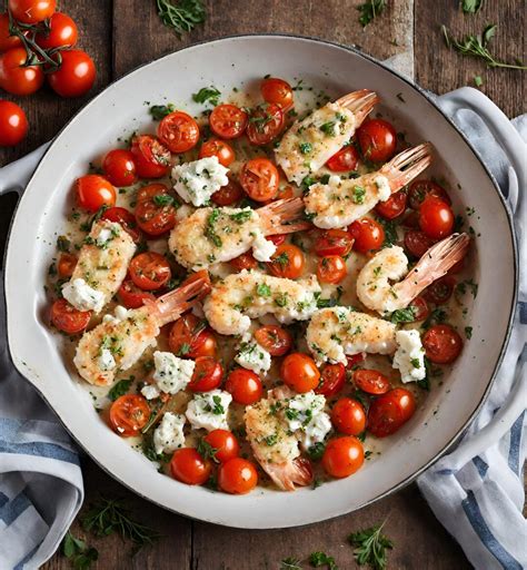 Scampis à lail feta et tomates cerise au four Un plat méditerranéen