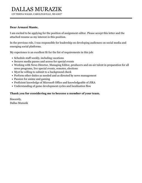 Assignment Editor Cover Letter Velvet Jobs