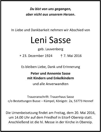 Traueranzeigen Von Leni Sasse WirTrauern