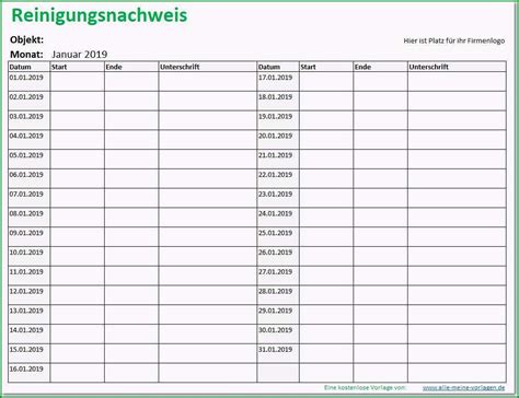 Toll Reinigungsnachweis Reinigungsplan Als Excel Vorlage Kostenlos