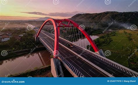 Aerial View Of The Kalikuto Bridge An Iconic Red Bridge At Trans Java