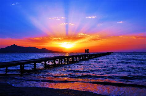 Papel de parede luz solar panorama Pôr do sol mar costa de praia