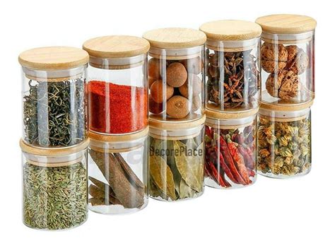 Kit 10 Potes Porta Mantimentos De Vidro Tampa De Bambu 200ml