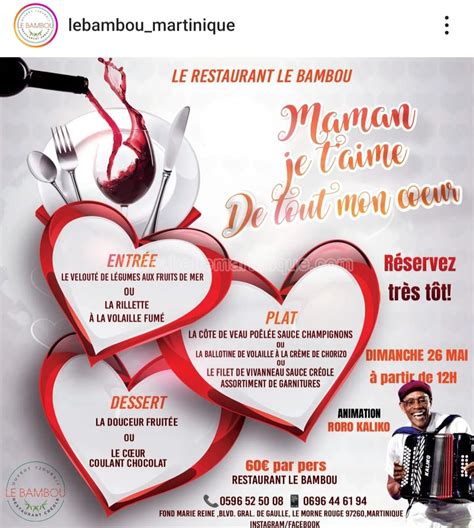Menu fête des Mères Résa gratuite en ligne Agenda Belle Martinique