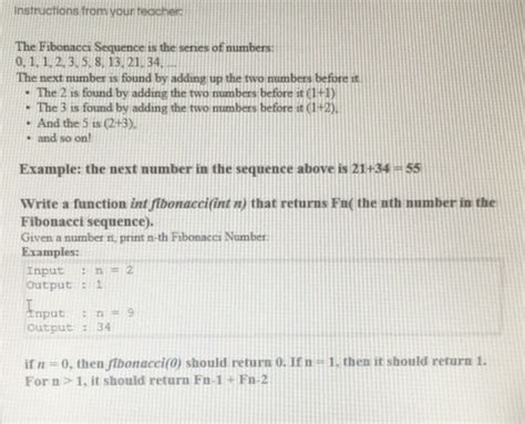 solved instructions teacher fibonacci sequence series numbers 0 1 1 2 3 5 8 1321 34 next