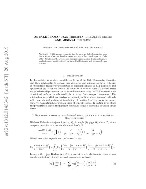 pdf on euler ramanujan formula dirichlet series and minimal surfaces