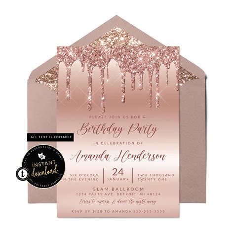Glitter Slime Birthday Invitations Dripping Rose Gold Birthday Party