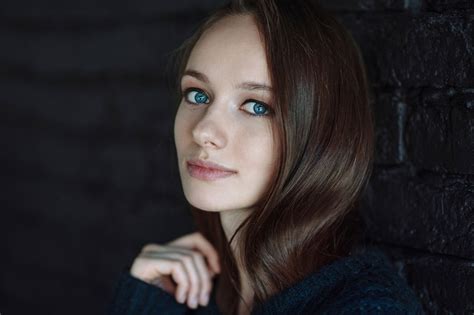 Face Women Model Portrait Long Hair Blue Eyes Brunette Wall