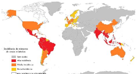 Mapa demonstrando países afetados pela dengue Número de casos de