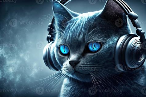 Cat Wears Headphones Neon Blue Tone 21821714 Stock Photo At Vecteezy