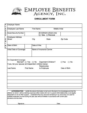 Fillable Online Employee Enrollment Form Employee Benefits Agency Fax