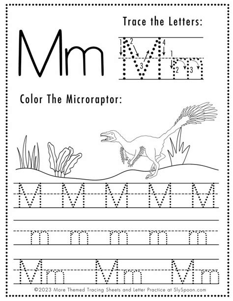 Free Letter M Tracing Worksheet Printable Dinosaur Themed Sly Spoon