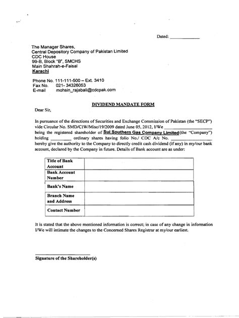 Fillable Online DIVIDEND MANDATE FORM Ssgccompk Fax Email Print