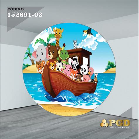 PAINEL REDONDO 1 5 x 1 5 MT tema ARCA DE NOÉ Modelo 03 TECIDO EM