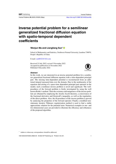 pdf inverse potential problem for a semilinear generalized fractional diffusion equation with