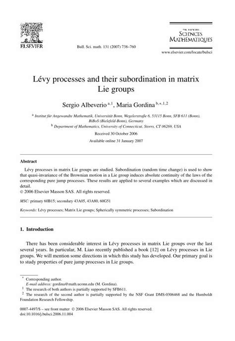 pdf lévy processes and their subordination in matrix lie groups · first lévy processes in lie