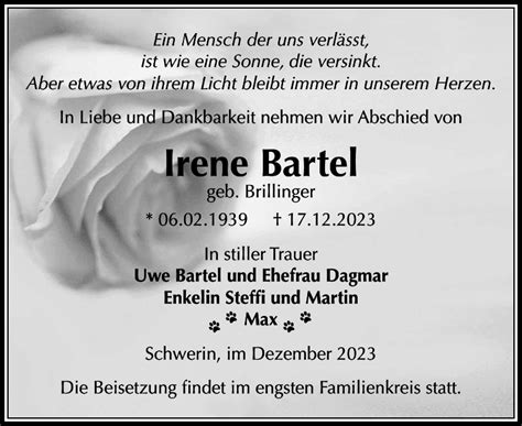Irene Bartel Traueranzeige Zeitung für Landeshauptstadt