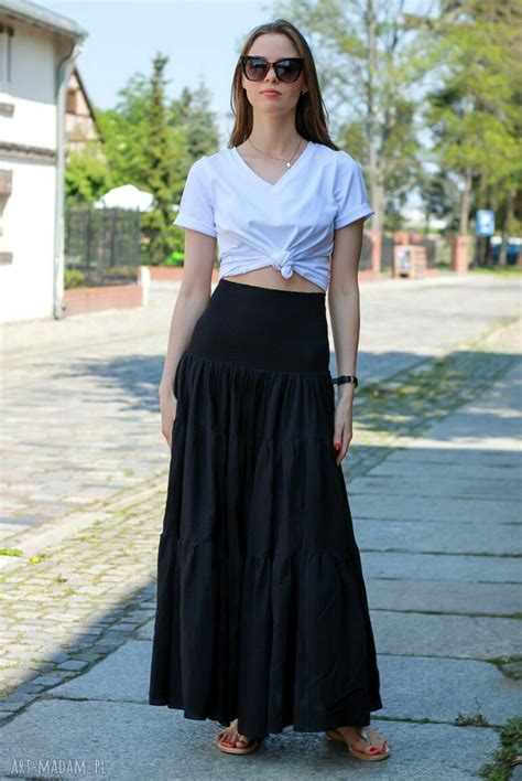 najmodniejsza spódnica maxi długa czarna z falbaną lona ღ art Madam pl