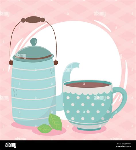 Coffee Time Kettle And Cup Leaves Fresh Aroma Beverage Vector