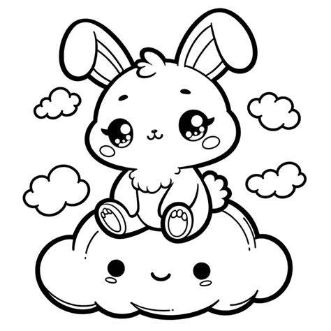 Coloriage Lapin Kawaii sur un Nuage à imprimer gratuitement