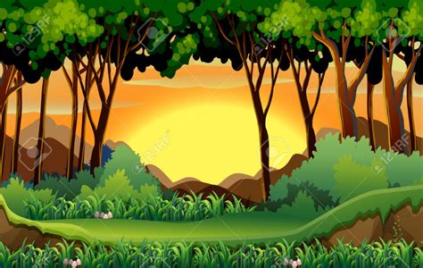 Ilustración de una escena de un bosque al atardecer Foto de archivo