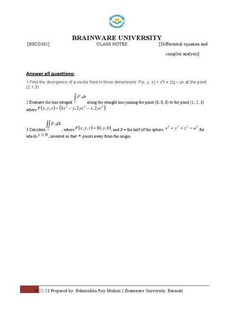 find divergence line integrals and surface integrals brainware university class notes pdf