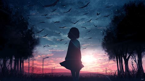 Amanecer Anime Chica Silueta Paisaje Fondo De Pantalla K Hd Id