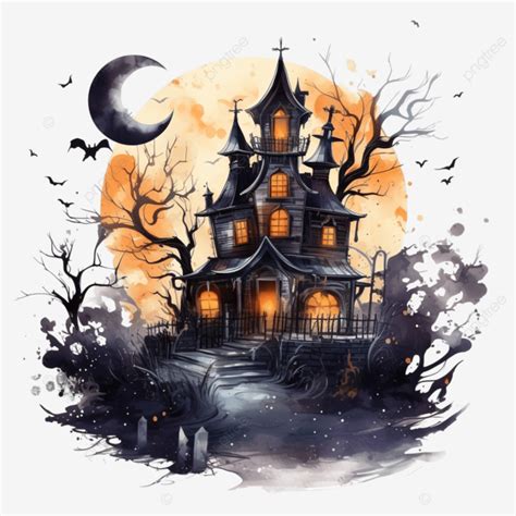Casa Embrujada De Halloween Con Una Luna Creciente Feliz Halloween
