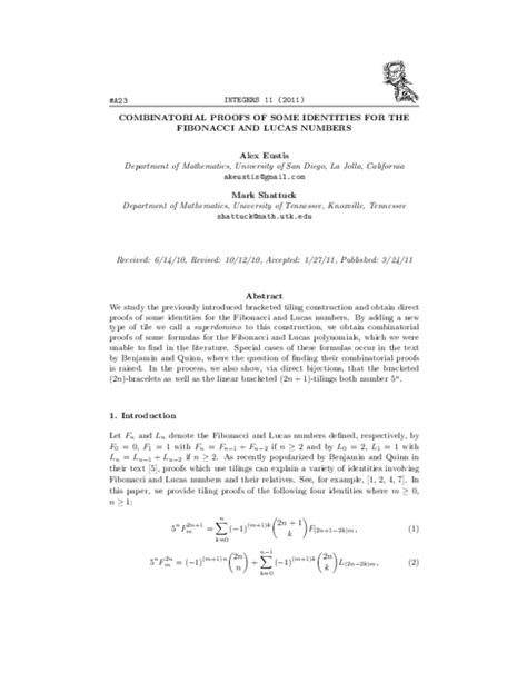 pdf combinatorial proofs of some identities for the fibonacci and lucas numbers alex eustis