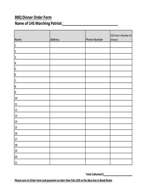 Food Order Forms Free Templates