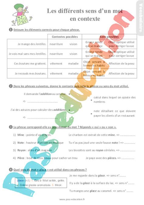 Le Sens Dun Mot En Contexte Tude De La Langue Exercices Avec Les